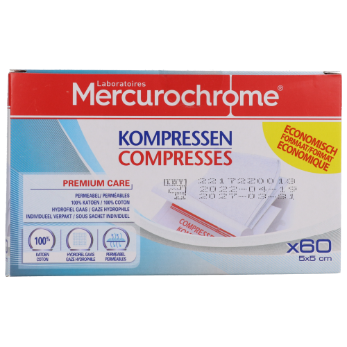 Mercurochrome Compresses 5 x 5 cm | 60 pièces | PharmaMarket